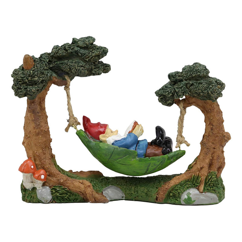 August Grove® Dunnell Gnome Sleeping On Hammock By Toadstool Mushrooms Statue Wayfair